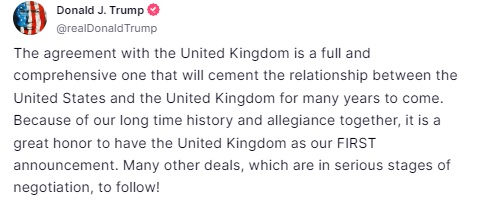 Trump - 'Complete and Comprehensive Agreement with UK' - First Trade ...